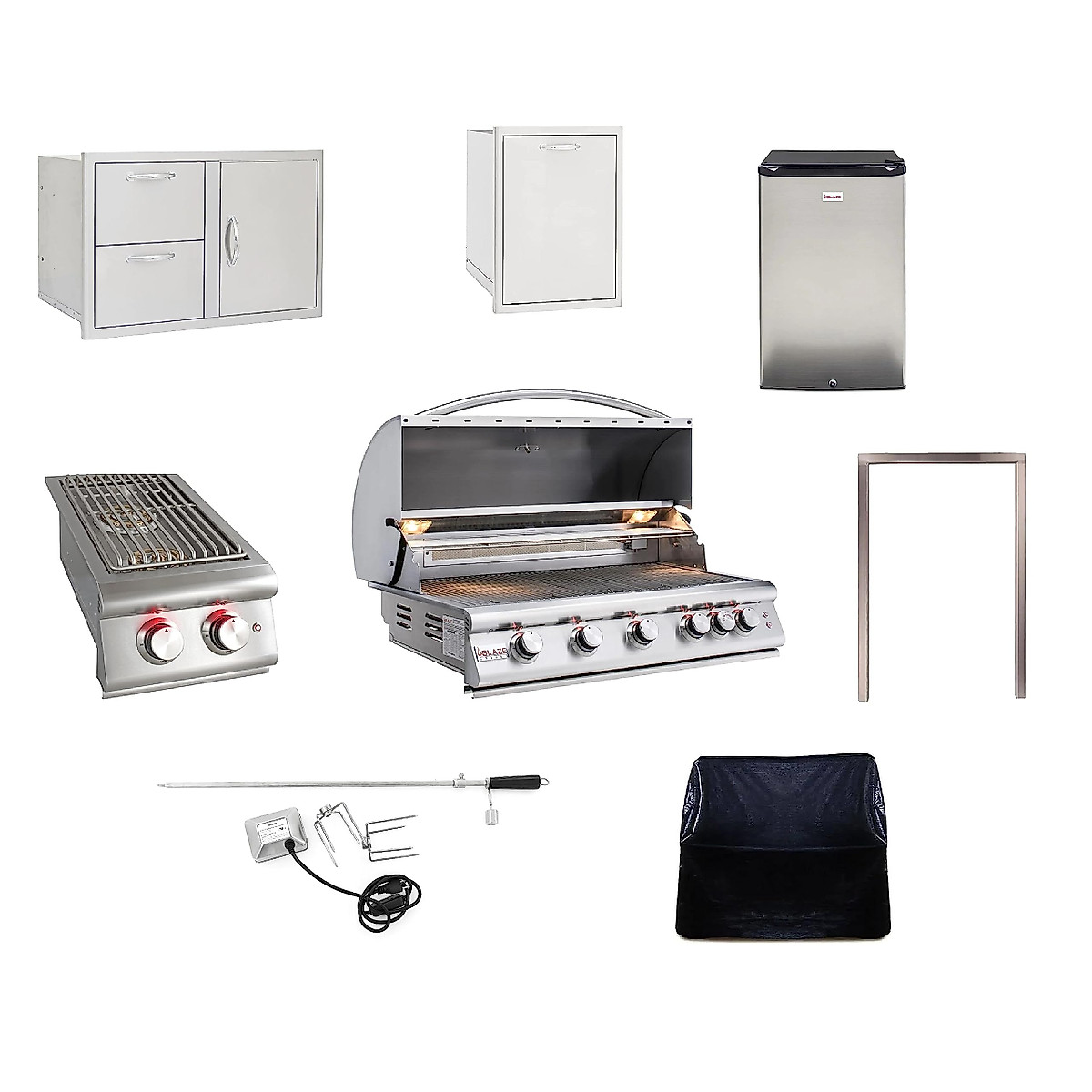 BLAZE BBQ Outdoor Gas Grill Package of 40” LTE Built-in Gas Grill, LTE Built-In Double Side Burner, 32” Door & Two Drawers Combo, Double Trash Drawer, 20” Compact Refrigerator, and Accessories