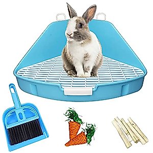 kathson Rabbit Litter Box Bunny Toilet Triangle Potty Trainer Corner Large Bedding Box Pet Pan for Rabbits Chinchillas Ferrets Guinea Pigs Galesaurs(Blue)