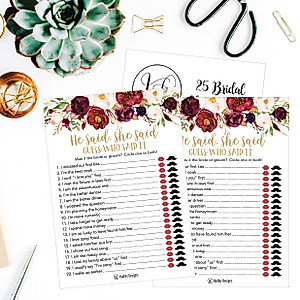 Hadley Designs 25 Floral Wedding Bridal Shower Engagement Bachelorette Anniversary Party Game Ideas, Gold He Said She Said Cards, Funny Co Ed Trivia Rehearsal Dinner Guessing Question Supplies