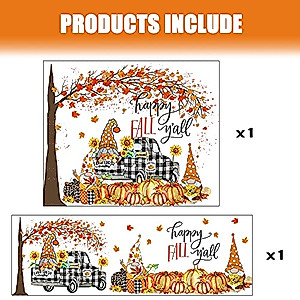 delaimastor Fall Gnome Pumpkin Decorative Kitchen Mats Set of 2, Fall Halloween Thanksgiving Rustic Yard Low-Profile Floor Mat for Kitchen, Gnome Plaid Maple Leaves Seasonal Decorative Floor Mat