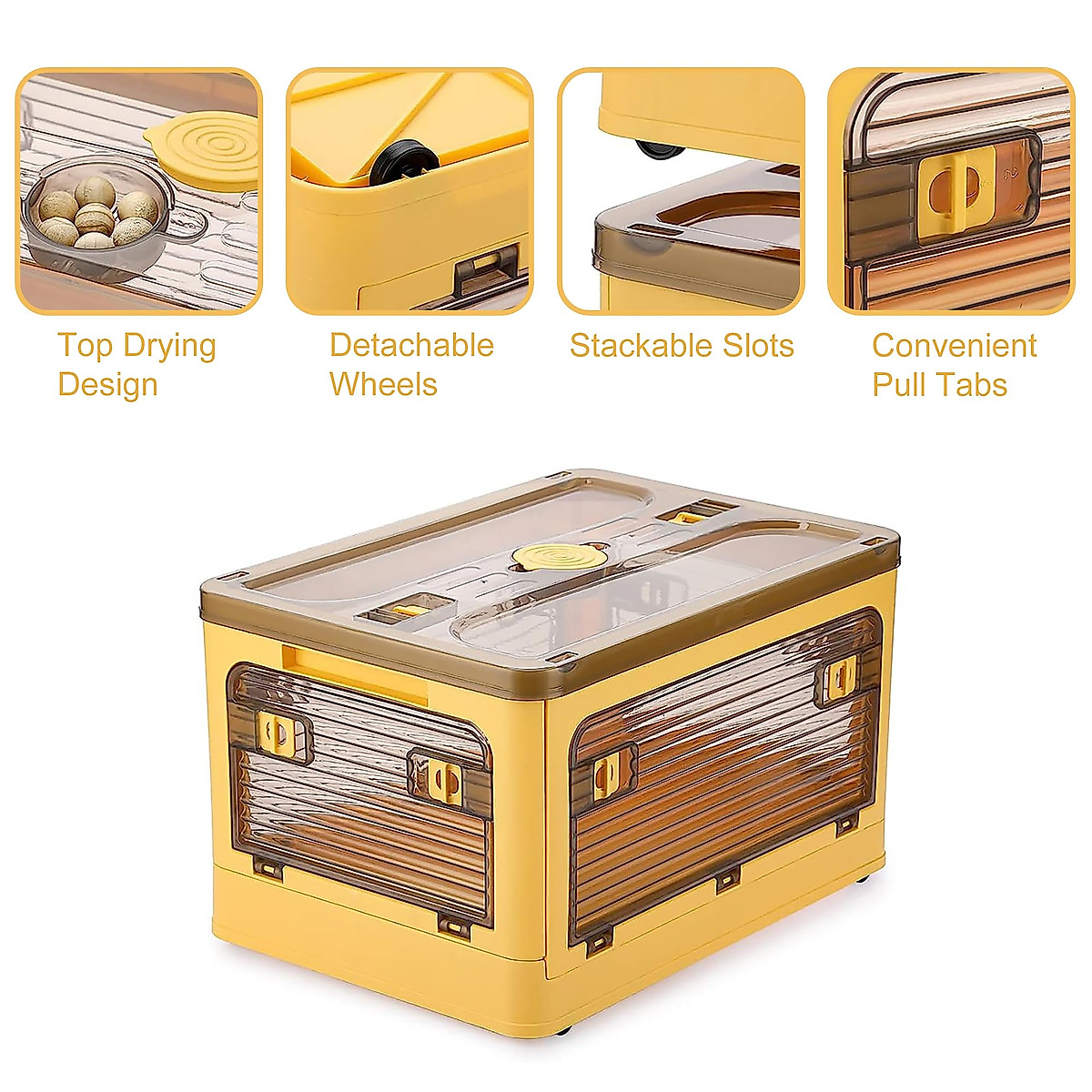 Aimondow 2 Pack Plastic 4 Doors Collapsible Storage Bins with Lid & Wheels, 28 Liters Folding Storage Bins, Stackable Multifunctional Box for Camping Clothes Snack Storage