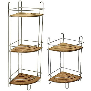 EVIDECO Free Standing Corner Shower Caddy, 2 Shelves, 8 L x8 W x 14.8 H, Chrome/Bamboo