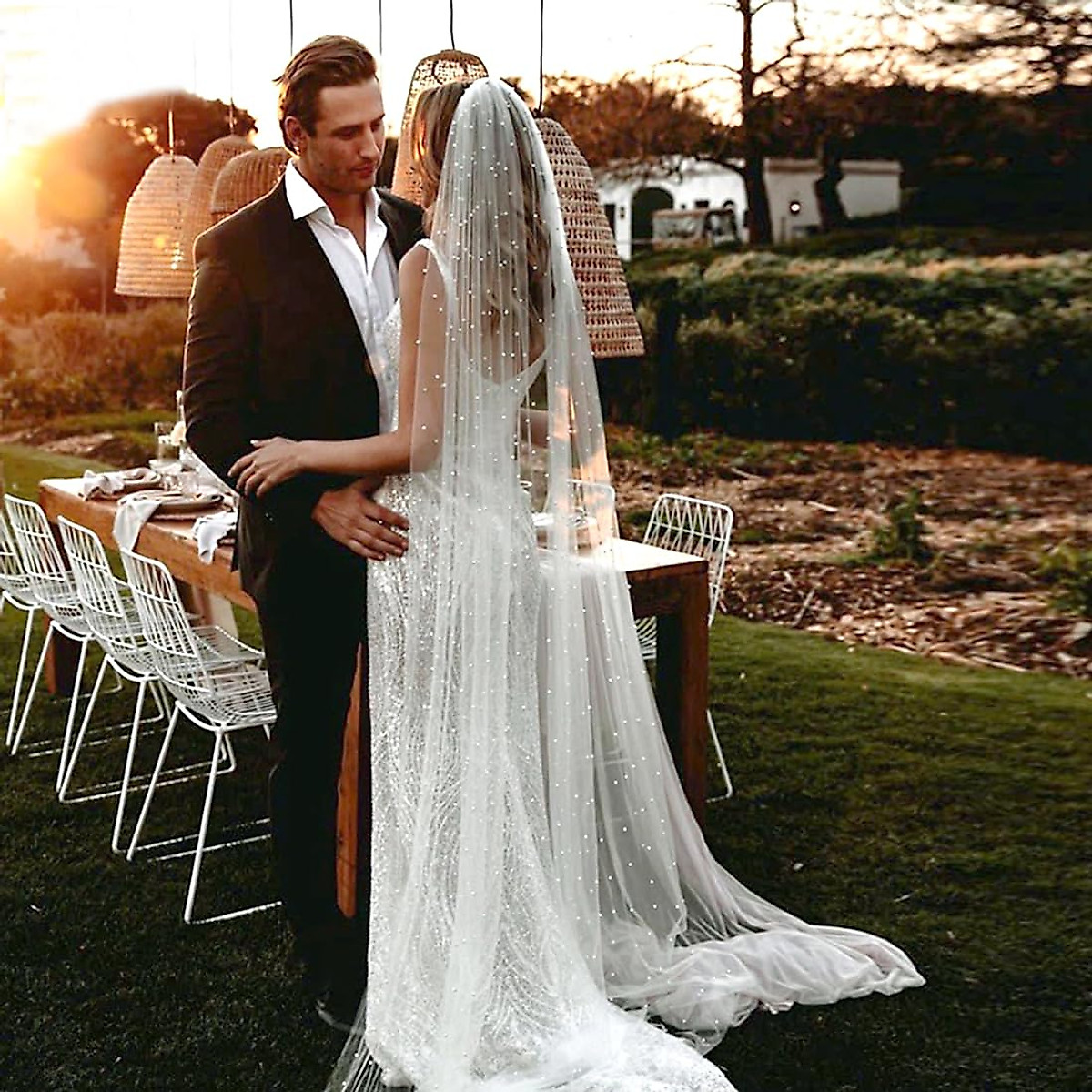 chrumeshi Long Wedding Bride Veil Pearl Cathedral Length Veils For Women With Comb (118（inch）, white)