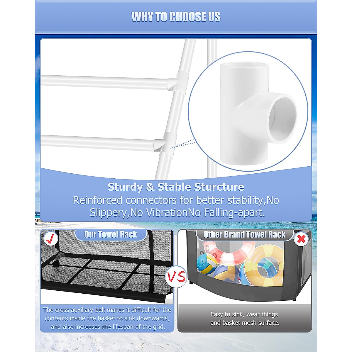 Heavy Duty Outdoor Towel Rack,Hutigertech 4 Tier Freestanding Poolside Pipe Towel Rack with Towel Rack Net,Moveable Wheels and Installation Hammer for Beaches,Swimming Pools,Bathroom