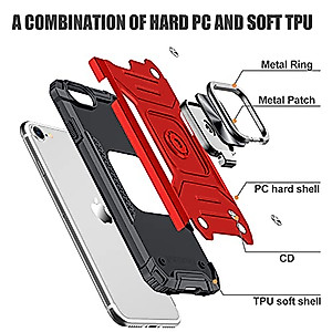 JAME Case for iPhone SE 2022/2020/8/7 Case with Screen Protectors 2Pcs, Military-Grade Drop Protection, Shockproof Protective Phone Cases, with Car Mount Ring Kickstand Case for iPhone SE 2020/8/7 Red