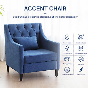 HUIMO Upholstered Living Room Chairs, Accent Chairs with Solid Wood,Reading Chair for Bedroom,Tufted Armchair with Lumbar Pillow,Mid Century Sofa Chair,Comfy Club Chair (Navy Blue)