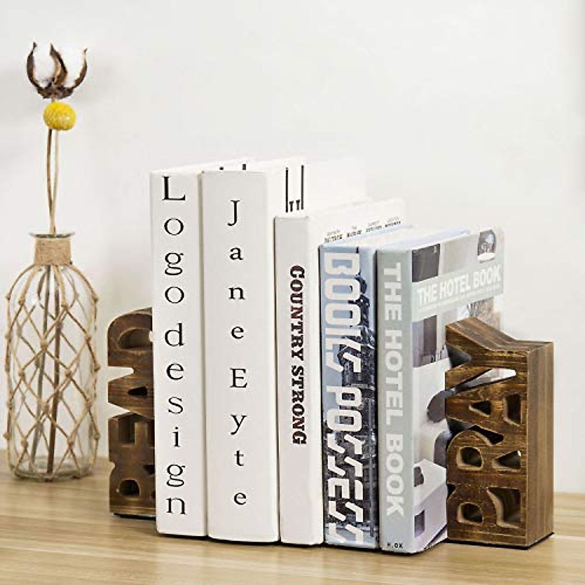 MyGift Rustic Burnt Wood Decorative Bookends with Read and Pray Carved Block Words, Home Office Children's Library Book Stand, 1 Pair