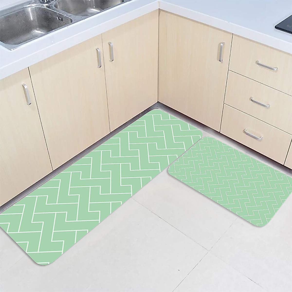 HELLOWINK Kitchen Mat Set of 2 Anti-Fatigue Kitchen Rug, Mint Green Non-Slip Kitchen Mats and Rugs, Kitchen Doormat Runner Rug for Floor Home Office Sink Laundry, Geometric