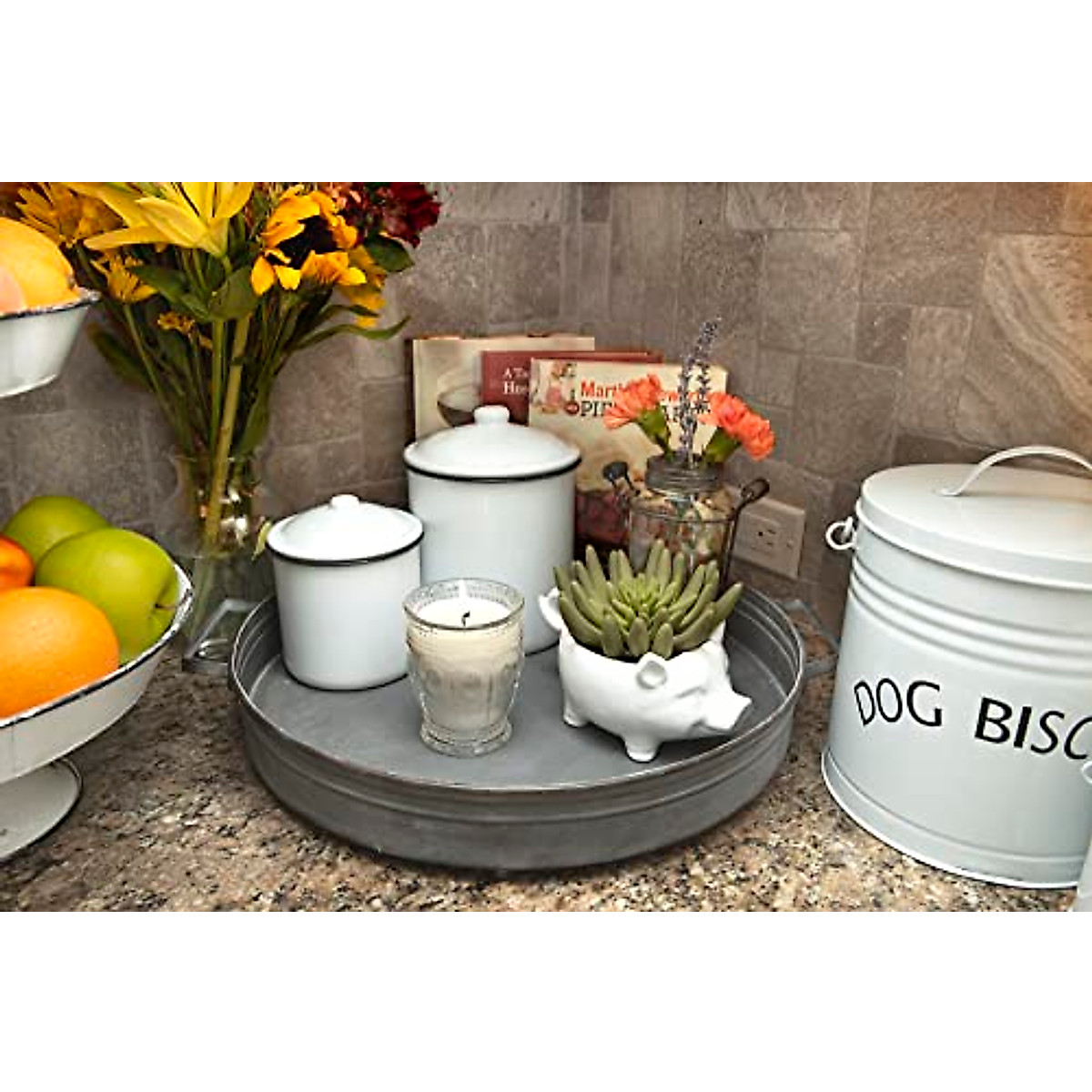 Creative Co-Op Farmhouse Enameled Metal Canisters with Lids, White and Black, Set of 2 Sizes