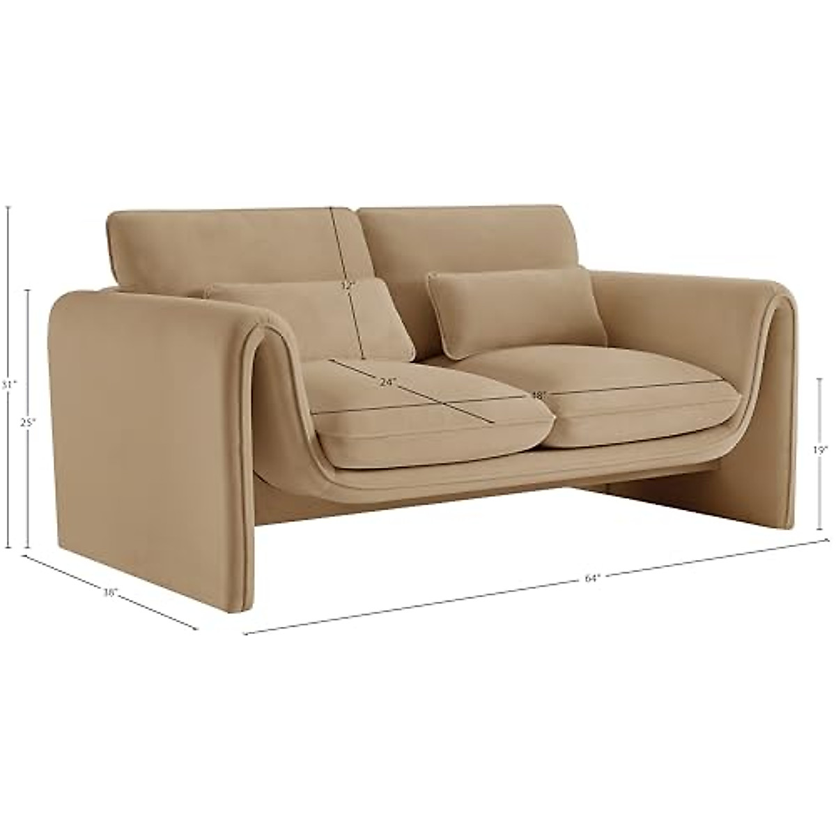 Meridian Furniture 199Camel-L Sloan Collection Modern | Contemporary Velvet Upholstered Loveseat with Soft Camel Velvet Fabric, Curved Arms, 64" W x 38" D x 31" H, Camel
