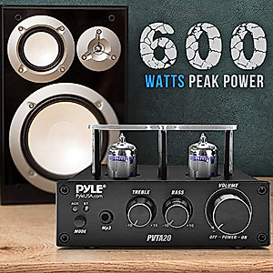 Pyle Bluetooth Tube Amplifier Stereo Receiver - 600W Home Audio Desktop Stereo Vacuum Tube Power Amplifier Receiver w/ 2 Vacuum Tubes, AUX/MP3/Microphone Inputs, Pure Copper Speaker Output - PVTA20