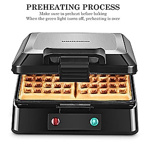 REDMOND Waffle Maker, Nonstick 4 Slice Square Waffle Iron, Compact Classic Stainless Steel Waffle Maker for Family Use Breakfast, 1300W, Black