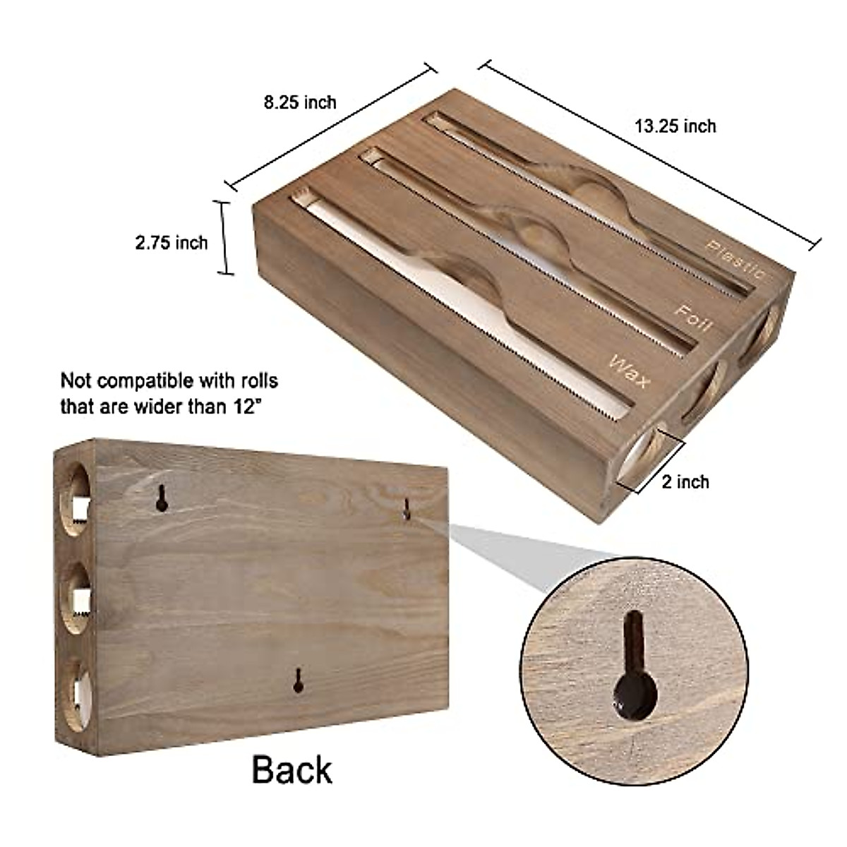 Wooden Foil and Plastic Wrap Organizer with Cutter Serrated Edge Dispenser, Kitchen Drawer or Wall Mounted Storage, Roll Holder for Cling, Aluminum, Parchment Paper, or Wax Rolls