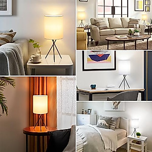 FOLKSMATE Bedside Table Lamp with Black Metal Base, Modern Small Desk Lamp, Nightstand Lamp with White Linen Fabric Lampshade, Side Table Lamp for Bedroom Living Room Home Office, Bulb Not Included