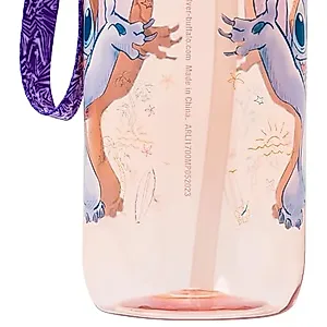 Silver Buffalo Disney Lilo and Stitch Chilled Vibes Plastic Water Bottle with Locking Lid, Strap, and Straw, 33 Ounces