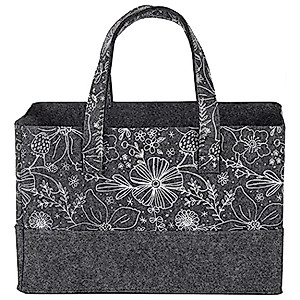 Floral Felt Essential Storage Tote; Gray, White; Collapsible; Two Handles; 15 in x 10 in x 10 in