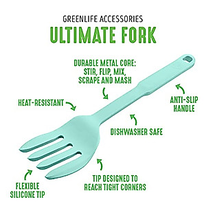 GreenLife Cooking Tools and Utensils, 10-in-1 Silicone Fork to Stir Mix Mash and Scrape, Heat and Stain Resistant, Dishwasher Safe, Turquoise