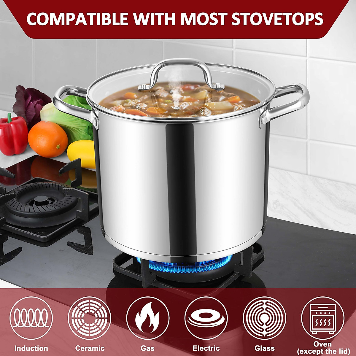 Herogo 12-Quart 18/10 Stainless Steel Stock Pot with Lid, Large Heavy Duty Soup Pot Compatible with Electric, Gas, Induction and Gas Cooktops, Dishwasher Safe