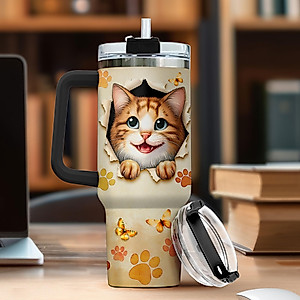 99OWL Funny Adults Tumblers Yellow For Women Insulated Coffee Brown Handle Cup Butterfly Cute Lovers Cups, Cat Gifts, Tumbler 40 Oz With Handle Lid And Straw, Cat Paw Lover