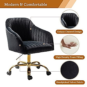 TINA'S HOME Velvet Home Office Desk Chair with Gold Base, Modern Cute Computer Task Chair, Wheels Swivel Height Adjustable Upholstered Vanity Chair for Women Girls, Black