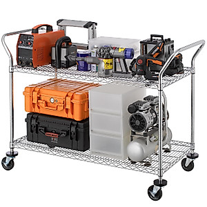 Finnhomy 2-Tier Commercial Grade Rolling Cart, Heavy Duty Utility Cart, Carts with Wheels and Handles, Kitchen Cart on Wheels, Metal Serving Cart with 700 lbs Capacity, Shelf Size 24" D x 48" W, NSF