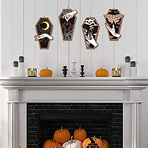 CHDITB Gothic Home Decor Coffin Hanging Sign(Set of 4, 6.3"x 10.43"), Spooky Coffin Shaped Door Hanger with Witch Hands Spider Butterfly, Retro Goth Horror Wood Sign for Home Party Haunted House