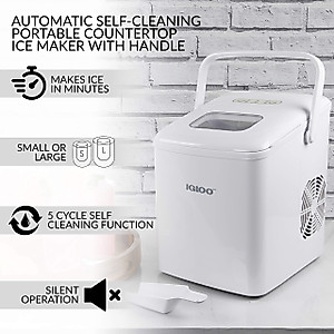 Igloo ICEB26HNWHN Automatic Self-Cleaning Portable Electric Countertop Ice Maker Machine With Handle, 26 Pounds in 24 Hours, 9 Ice Cubes Ready in 7 minutes, With Ice Scoop and Basket, White