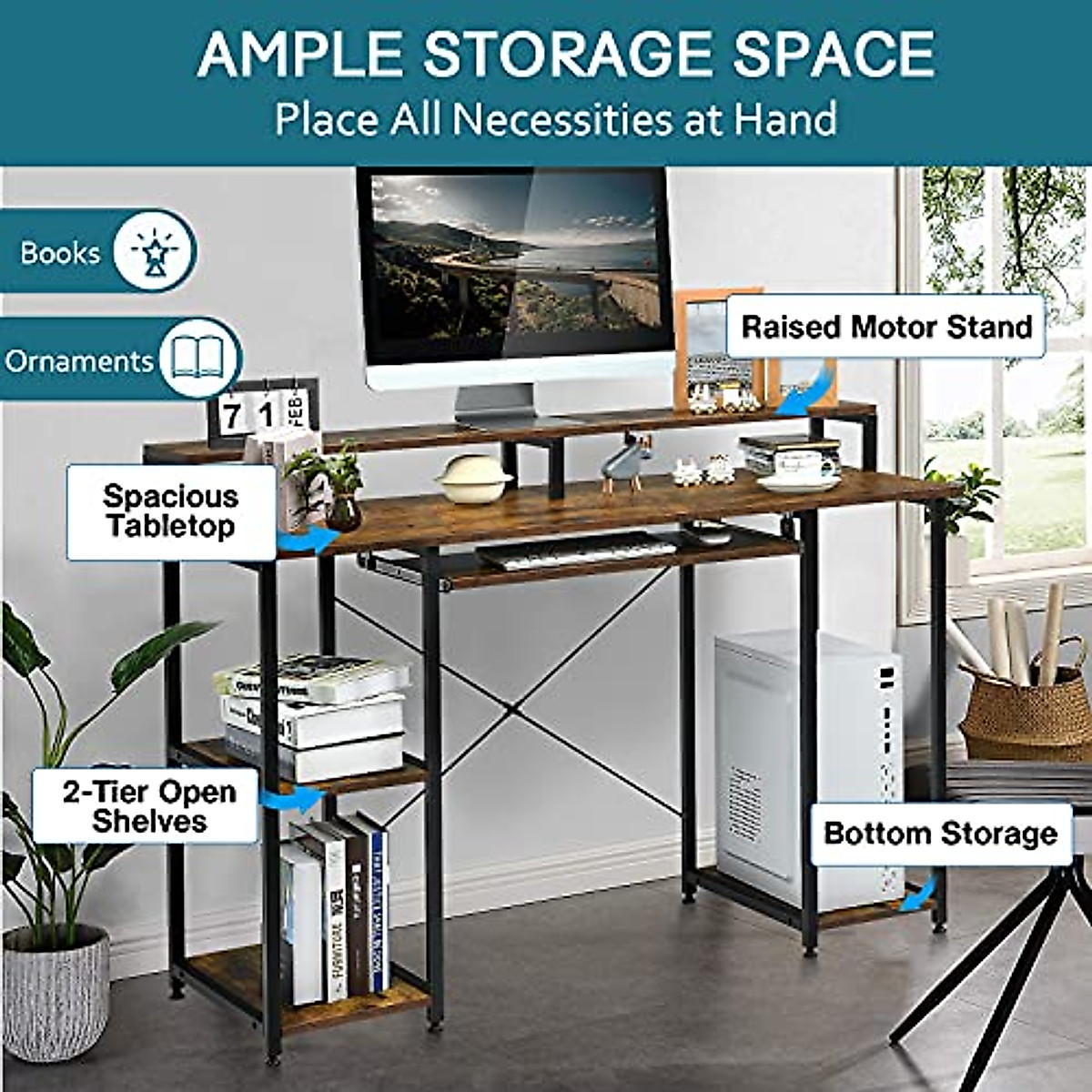 COSTWAY Computer Desk, 47’’ Home Office Table with Hutch, Book Shelves, Pull-Out Keyboard Tray, Monitor Stand, Industrial Writing Laptop Desk, for Workstation, Rustic Brown