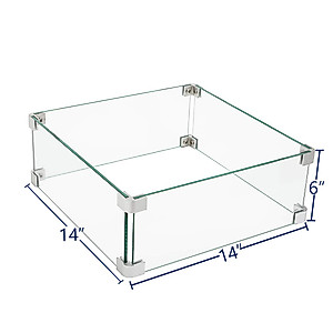 SUNBURY Glass Wind Guard Fence, 14 x 14 Inch Square Fire Table Accessory Shield
