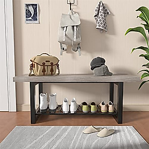 Stuffygreenus 47" Storage Bench, Industrial Indoor Entryway Bench, Wood Metal Hallway Accent Bench for Sitting, Rustic Shoe Rack Organizer Cabinet in Foyer Entrance Bedroom Living Room (Grey)
