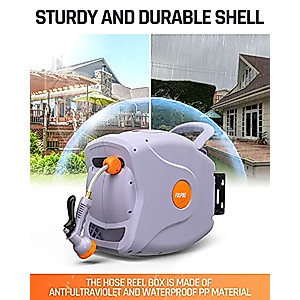 FIILPOW 1/2 Inch 100 FT Retractable Garden Hose Reel, Slow & Safe Return System, Water Hose Reel with Brass Connector, Double Lock Design, 8 Patterns Nozzle, 180° Swivel for Garden Watering