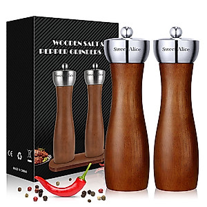 Salt and Pepper Grinders Refillable ​Set, Beech Wood Pepper Mill with Ceramic Mechanism, Solid and Durable Salt Grinders Suited for Sea Salt, Black Peppercorn (6'', Brown Set of 2)