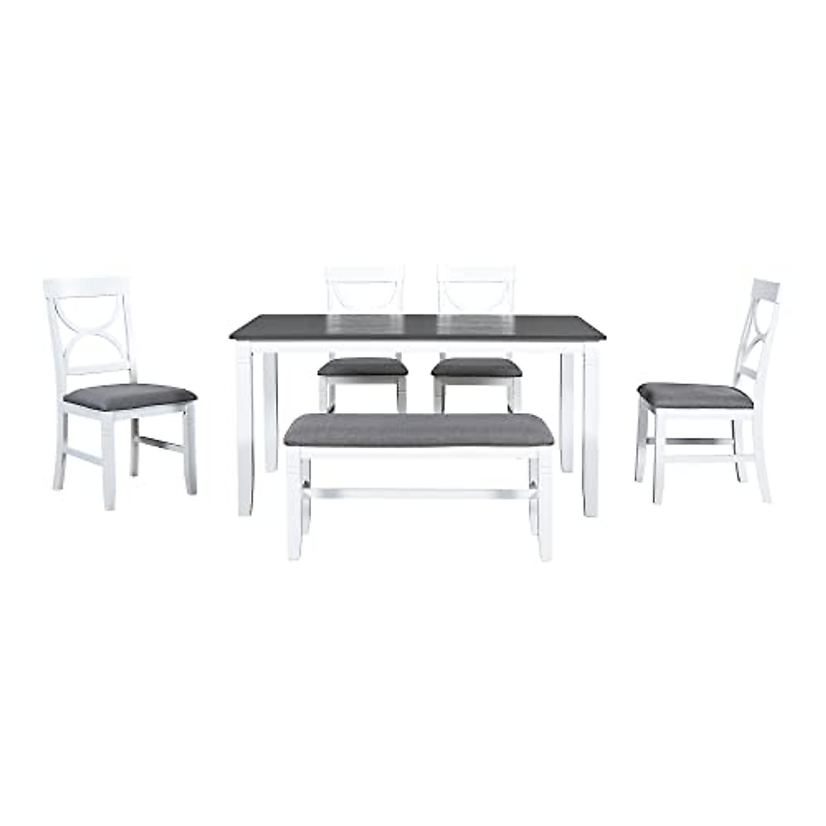 LUMISOL 6 Piece Dining Table Set Farmhouse Style Soild Wood Kitchen Dining Set with Chairs and Bench for 6 Persons, Rectangle Table with Upholstered Chair and Bench, Gray+White