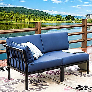 LOKATSE HOME 2 Piece Patio Furniture Corner Sofa Sectional Outdoor Loveseat Armchiar and Armless Sets Metal Steel Frame with Comfy Cushions, Blue