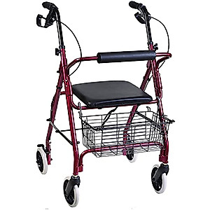 DMI Freedom Lightweight Folding Aluminum Rollator Walker with Adjustable Handle Height, FSA and HSA Eligible, Cushioned Flip Up Seat and Convenient Storage Basket, Burgundy
