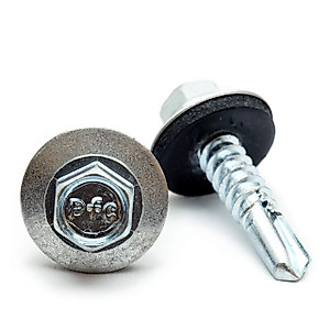 (50) #14 x 1" Indent HWH with Bonded EPDM Sealing Washer, Hex Washer Head Unslot, 1/4" Zinc #3 Point Self Drilling TEK Sheet Metal Roofing Screws - MonsterBolts (50, #14 x 1")