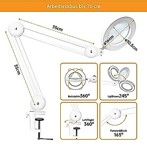 Magnifying Glass with Light and Clamp, Magnifying Lamp with 4.2'' 5X Real Glass Magnifier, 3-Color Dimmable LED Light, Premium Swing Arm Hands Free for Estheticians Crafts Hobbies Arts