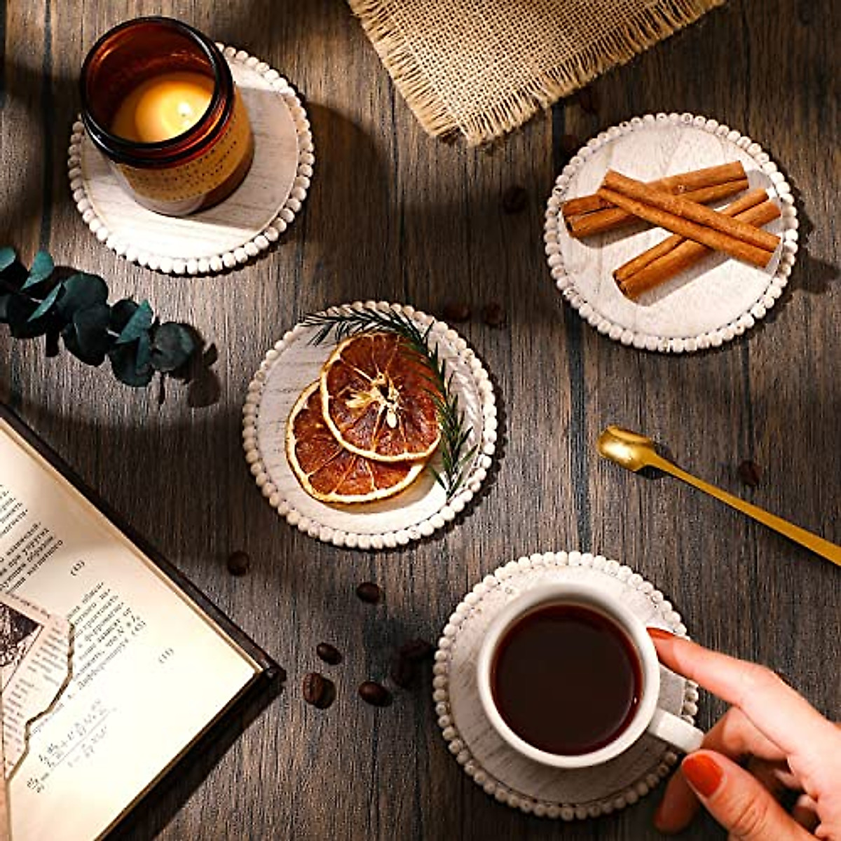 4 Pieces Wood Beaded Coasters 3.9 Inch Round Rustic Farmhouse Coasters Wooden Coasters for Drinks Decorative Table Top Coasters Wood Bar Coaster Set for Housewarming Home Kitchen (Beige)