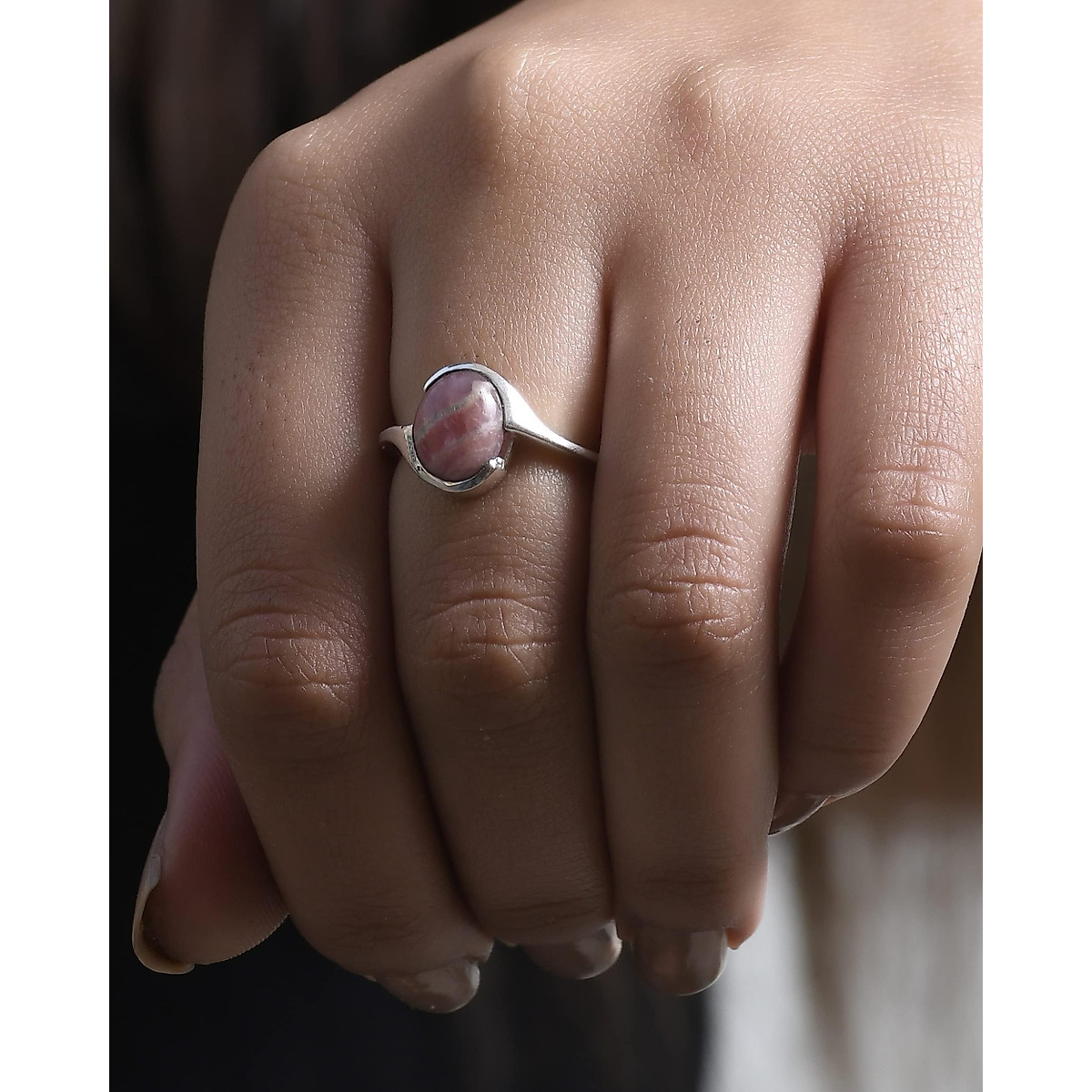 Silver Eternity 925 Sterling Silver Pink Stone Rhodochrosite Ring for Women Natural Gemstone Rhodochrosite 925 Sterling Silver Ring Jewelry for Women (Pink, Ring Size 10)