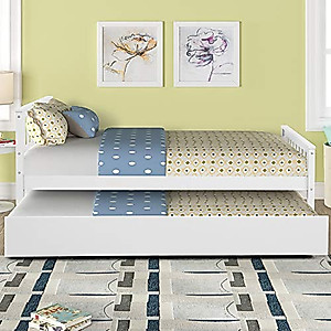 Twin Platform Bed with Trundle, Solid Wood Bed Frame with Headboard, Footboard for Teens Boys Girls,No Box Spring Needed (White)