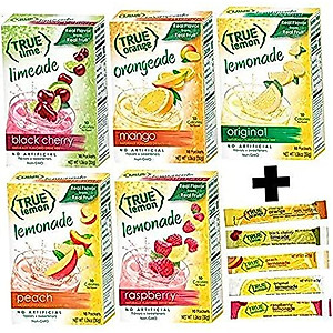 True Lemon Assorted Beverage Pack: (5boxes 10ct each) with 5 FREE BONUS Sticks of Lemonade! True Lemon Original True Peach Lemonade, True Black Cherry Limeade, True Mango Orange and True Raspberry Assorted True Lemonade Drink Mixes.