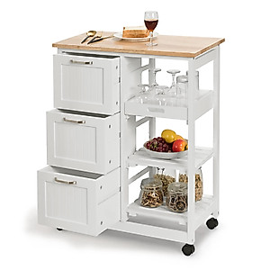 Giantex Kitchen Island Cart, Home Bar Serving Cart, Kitchen Trolley with 3 Large Drawers, Storage Shelf and 3 Tier Shelves, Rolling Storage Cabinet, Mobile Cart (White)