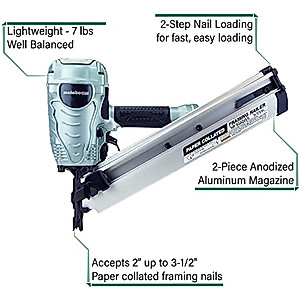 Metabo HPT NR90ADS1 Pneumatic Framing Nailer, 2" up to 3-1/2" Paper Collated Nails .113 - .148, Tool-less Depth Adjustment, 30 Degree Magazine, Selective Actuation Switch (Renewed)