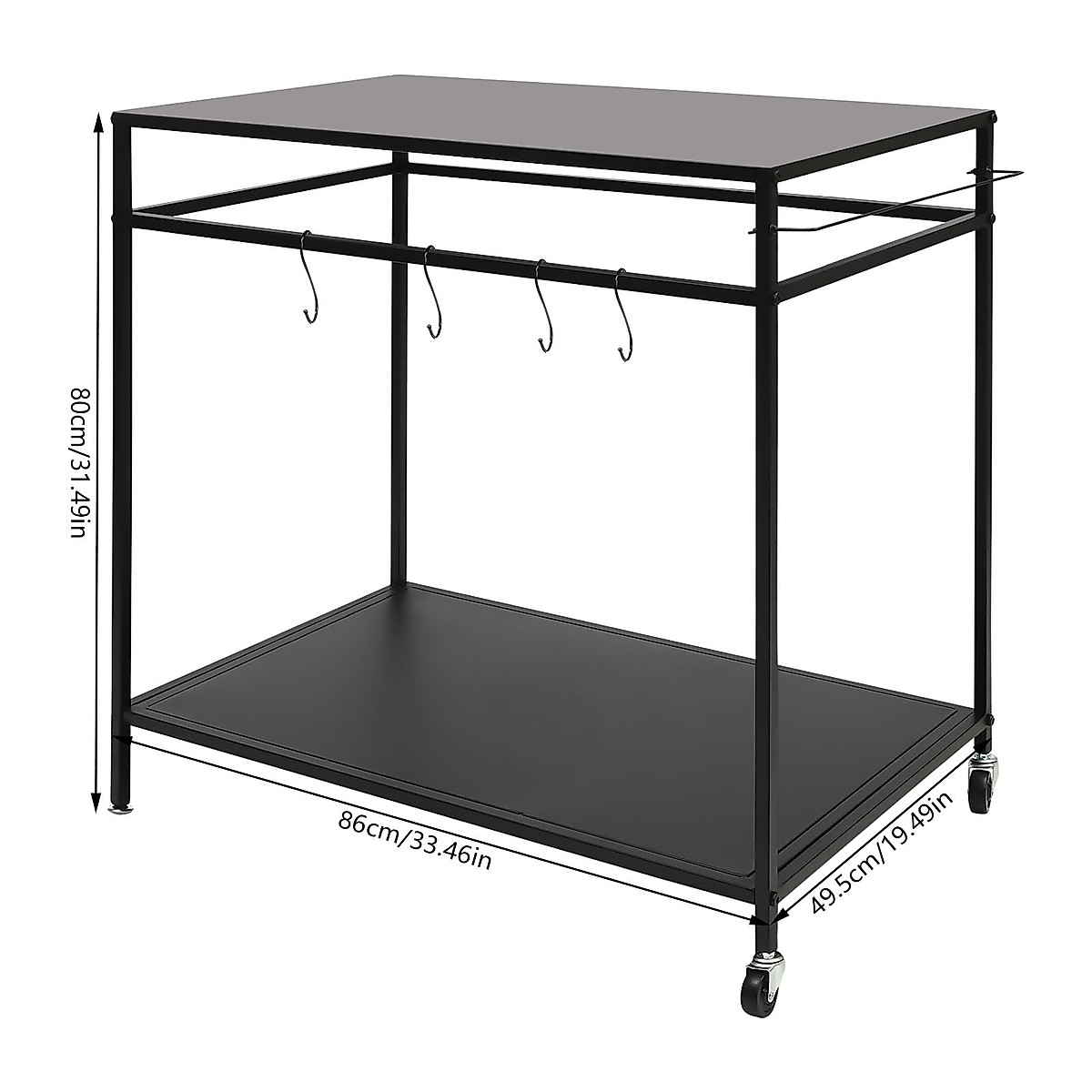 Mobile Double-Shelf Outdoor Grill Cart, Portable Dining Cart Table with Hooks and Handles, Steel Pipe Dining Table for Pizza Oven, Portable Grill Table with Storage Space, Black