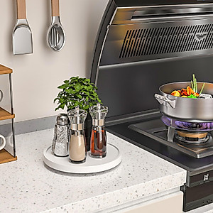 White Lazy Susan Organizer for Table Cabinet, 9 inch Bamboo Kitchen Countertop Organizer for Salt Olive Oil and Pepper Counter Sink Trays Wooden Turntable for Spice Soap Bottles Dining Room Decor