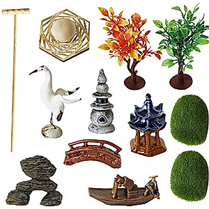Japanese Zen Garden Accessories Kit - Japan Miniature Fairy Garden Set for Micro Landscape Terrarium Decoration Tabletop Meditation Rock Zen Gifts Zen Tool Rake Pagoda Stamp Bonsai Tress
