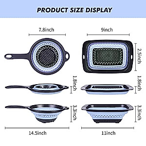 COMUSTER SET - 2 Collapsible Colanders (Strainers), Sizes 7.8" - 2 Quart and 9" - 3 Quart - Perfect for Your Vegetables, Fruits, Pasta & More - With Handle and Square Folding Colander (Blue )