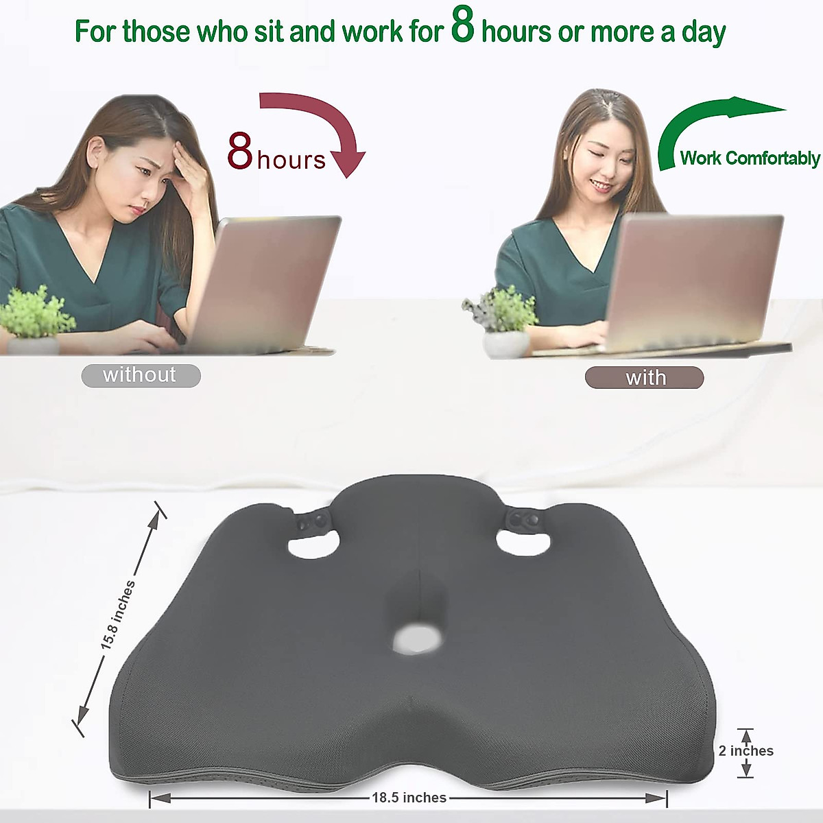 Homuno Large Memory Foam Seat Cushion for Office Chair Pressure Relief Sciatica & Tailbone Pain Relief Chair Pad for Long Sitting, for Office Chair, Gaming Chair and Car Seat (Gray)