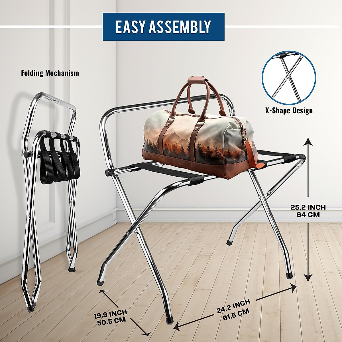 USTECH Luggage Rack-Single Tier with High Back, Pack of 1, Chrome, Self Asssembly, Foldable Rack for Guest Room