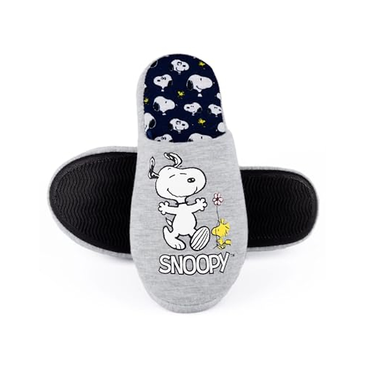 PEANUTS Snoopy Womens Slippers in Grey Marl | Ladies Snoopy & Woodstock Cartoon Footwear | Slip On House Shoes Nightwear